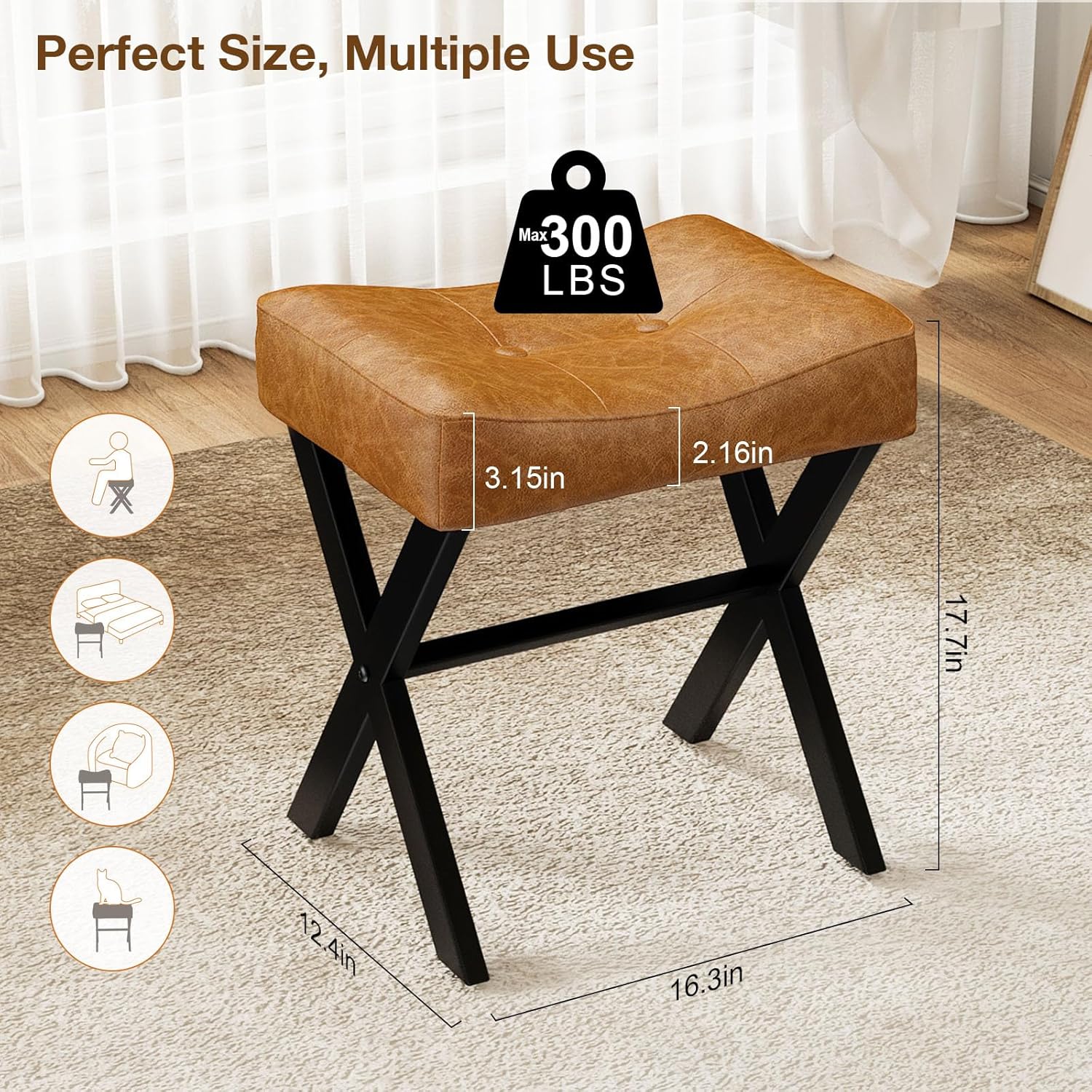 Ottoman Foot Rest, 18 inch Leather Vanity Stool Chair, Thick Padded ...
